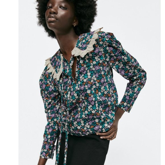 Zara | Tops | Nwt Zara Floral Printed Blouse With Ruffle And Lace Trim ...